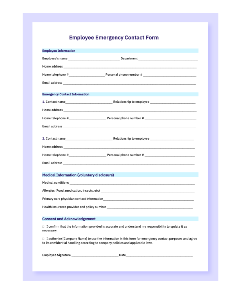 Downloadable Printable Employee Emergency Contact Form