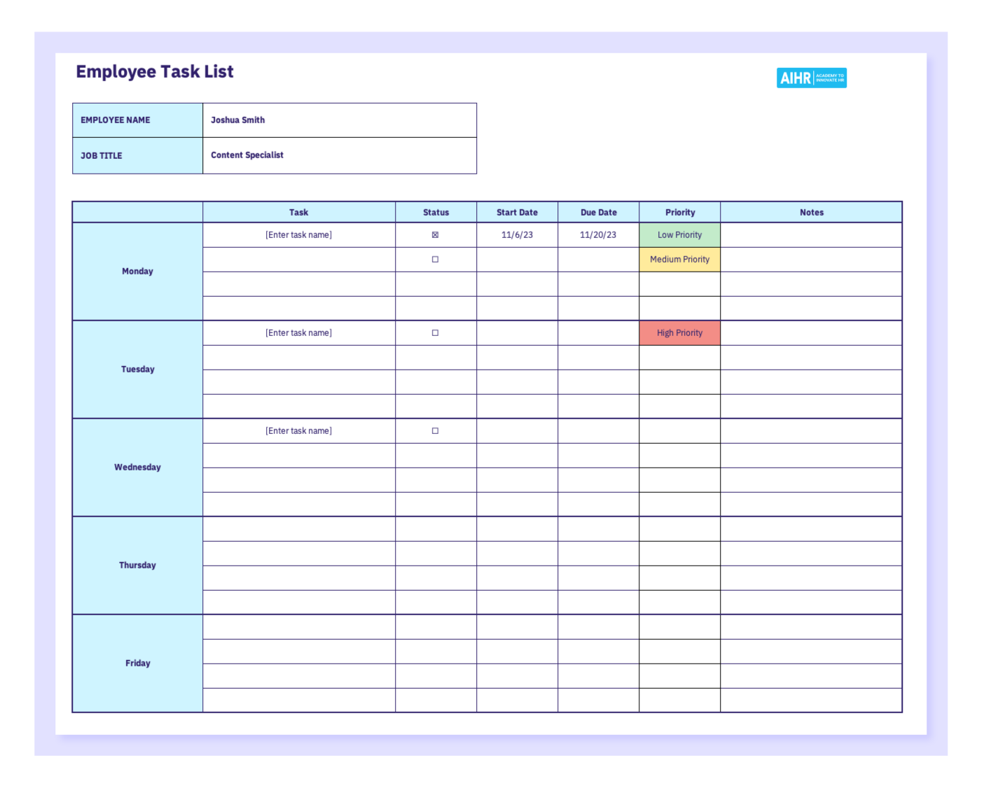 Task Excel Template