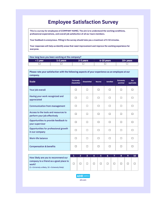 FREE Employee Satisfaction Survey Template AIHR
